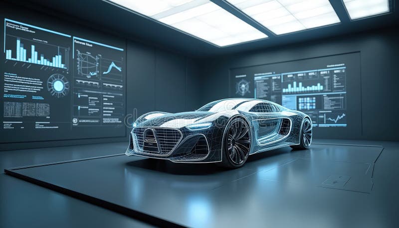 Wireframe Model of Futuristic Electric Car in Simulation Lab. Digital Dashboard Displays Graphs ...
