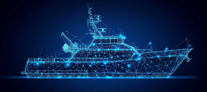 Wireframe Model Ship on Blue Background, Digital Boat Illustration with ...