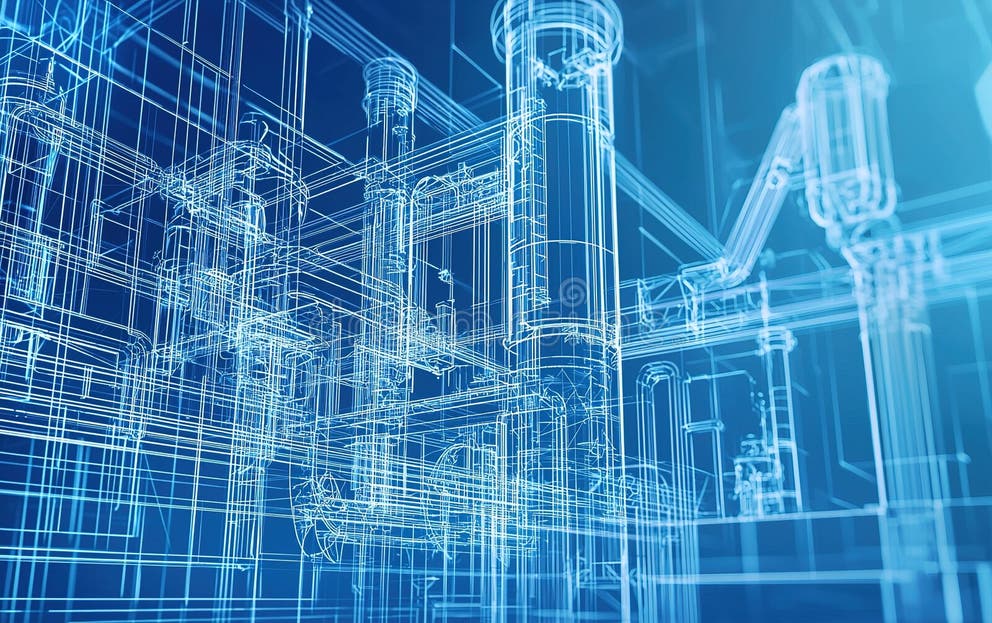 Wireframe Model Showcasing Intricate Piping Systems in an Industrial ...