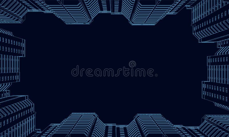 Wireframe of Polygonal High-rise Buildings of Blue Lines on a Dark ...