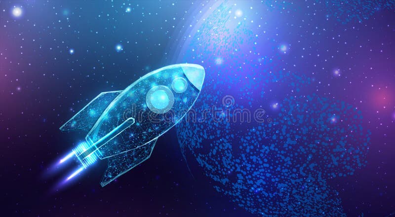 Wireframe Polygonal Rocket with Globe Map. Internet Technology Network ...