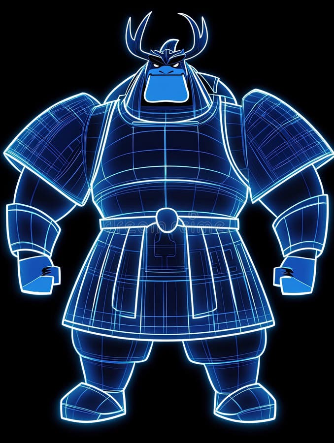 Wireframe Rendering of a Large, Blue, Cartoon Samurai Warrior with ...
