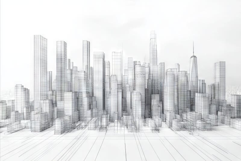Wireframe Rendering of a Modern City Skyline. Stock Photo - Image of ...
