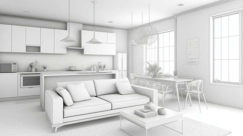Wireframe Rendering of a Modern Open-plan Living Room with Kitchen and ...