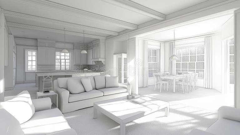 Wireframe Rendering of a Modern Open-plan Living Room with Kitchen and ...