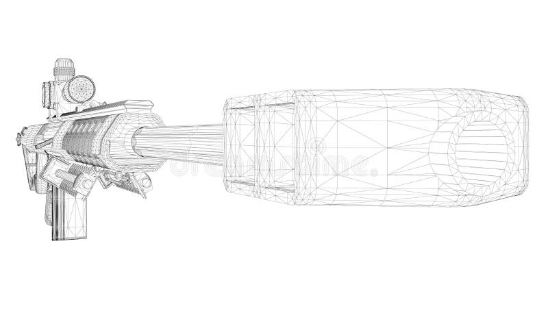 Wireframe with Rifle with Telescopic Sight from Black Lines Isolated on ...