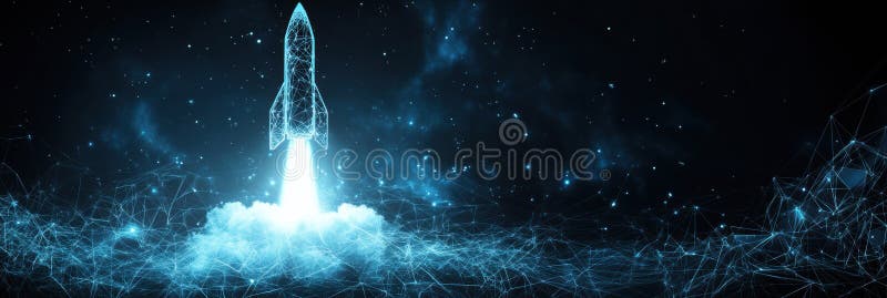 A Wireframe Rocket Launches into the Cosmos, Emitting Bright Flames and ...