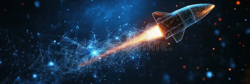 A Wireframe Rocket Launches into Space, Surrounded by a Burst of ...