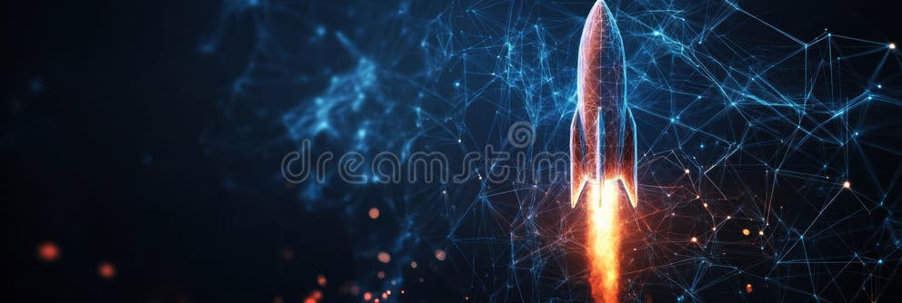 A Wireframe Rocket Launches in a Vibrant Digital Environment ...