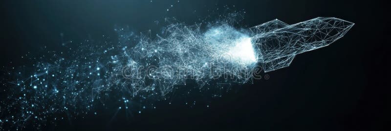A Wireframe Rocket Takes Off Amid a Digital Cloud of Particles ...