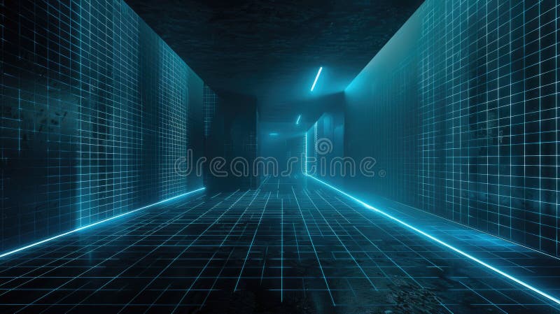 Wireframe Room Interior Background, Blue Digital Space with Grid Lines ...