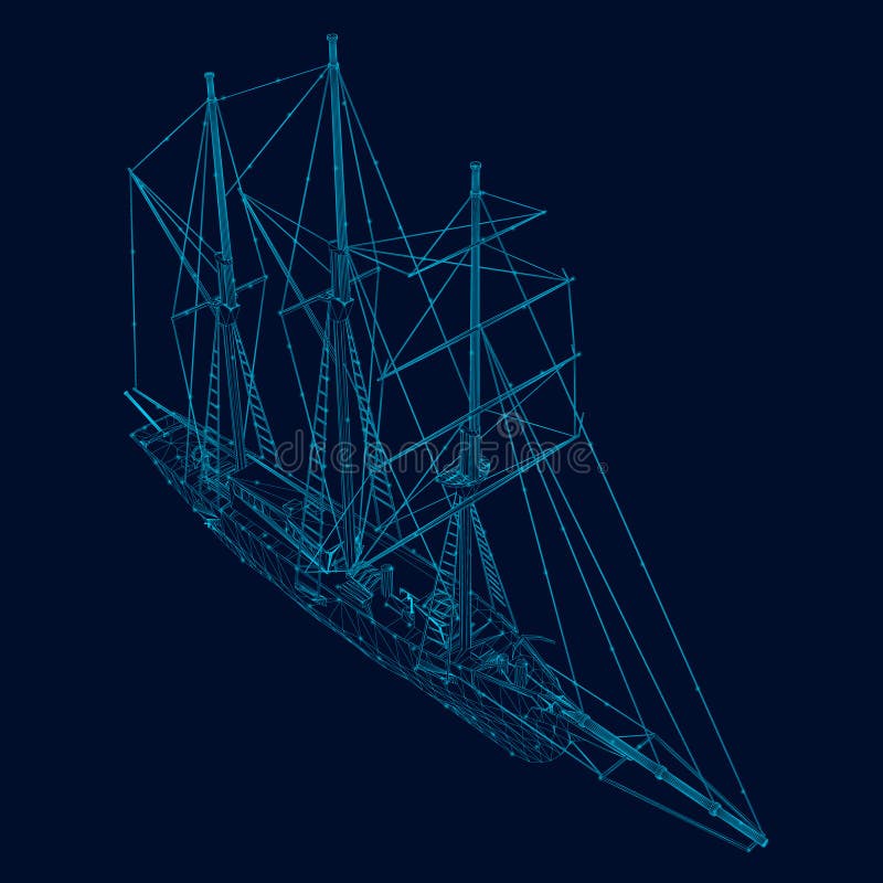Wireframe of a Sailing Ship of Blue Lines with Luminous Lights on a ...