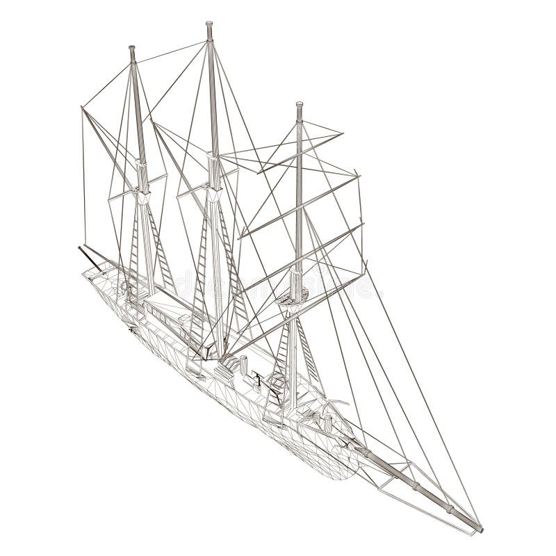 Polygonal Sailing Ship Isolated on White Background. 3D. Side View ...