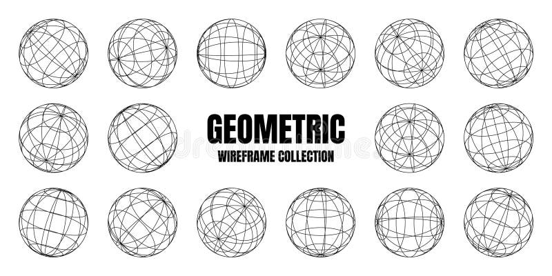 Wireframe Shapes, Lined Sphere. Perspective Mesh, 3d Grid. Low Poly ...
