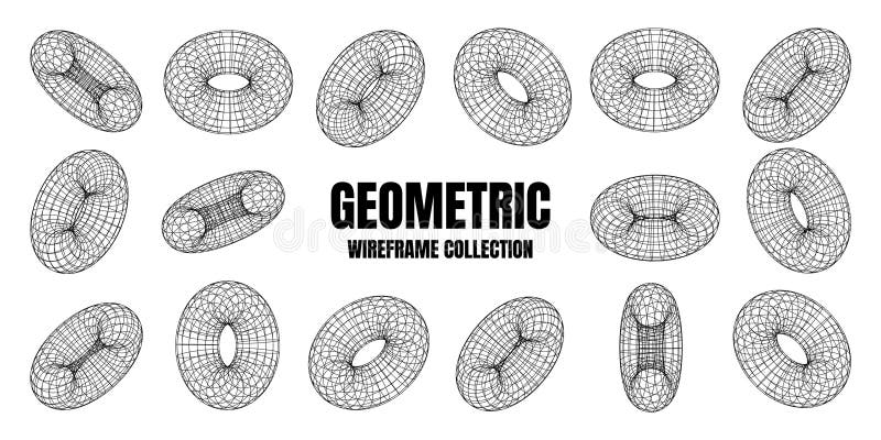 Wireframe Shapes, Lined Torus. Perspective Mesh, 3d Grid. Low Poly ...