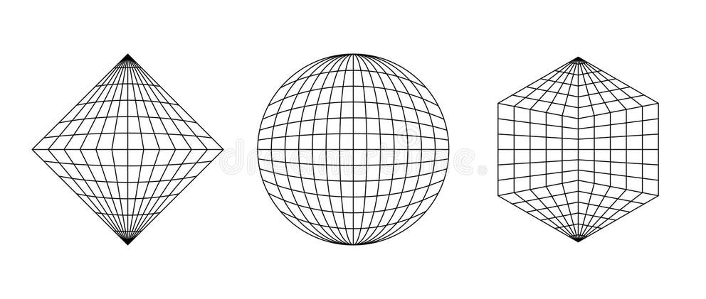 Wireframe Shapes. Sphere, Prism, Octahedron Net. Geometric Grid Frame ...