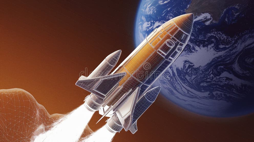 Wireframe Space Shuttle Launching from Earth into Cosmos Stock ...