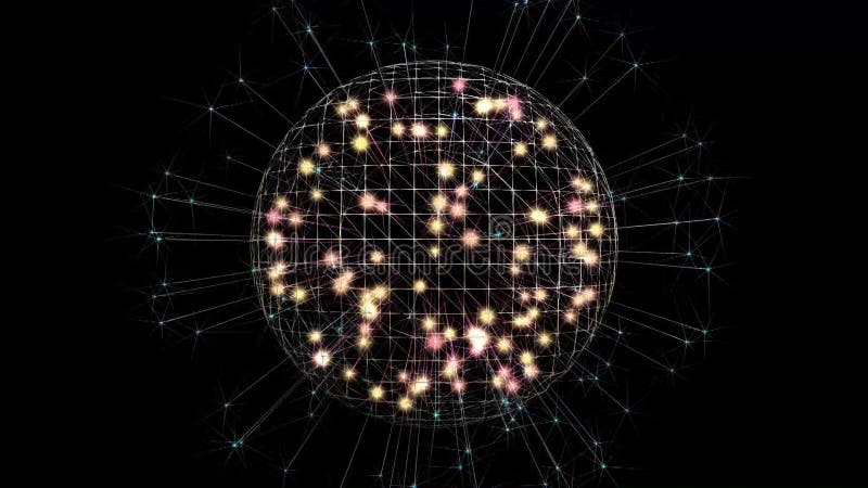 Wireframe Sphere Rotating in Firework, Lettering Happy New Year, 3d ...