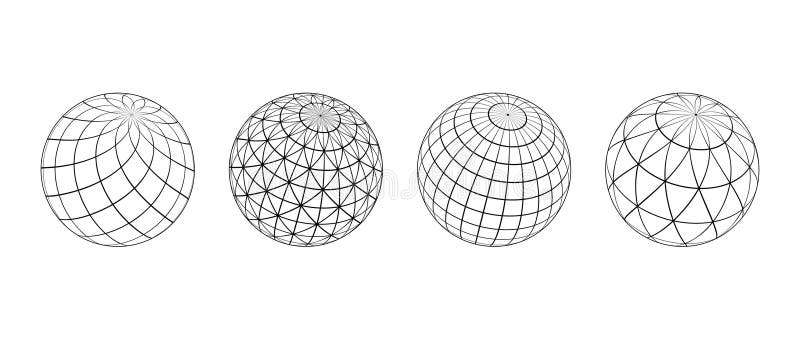 Wireframe Spheres Collection. 3d Outline Globes with Different Grid ...