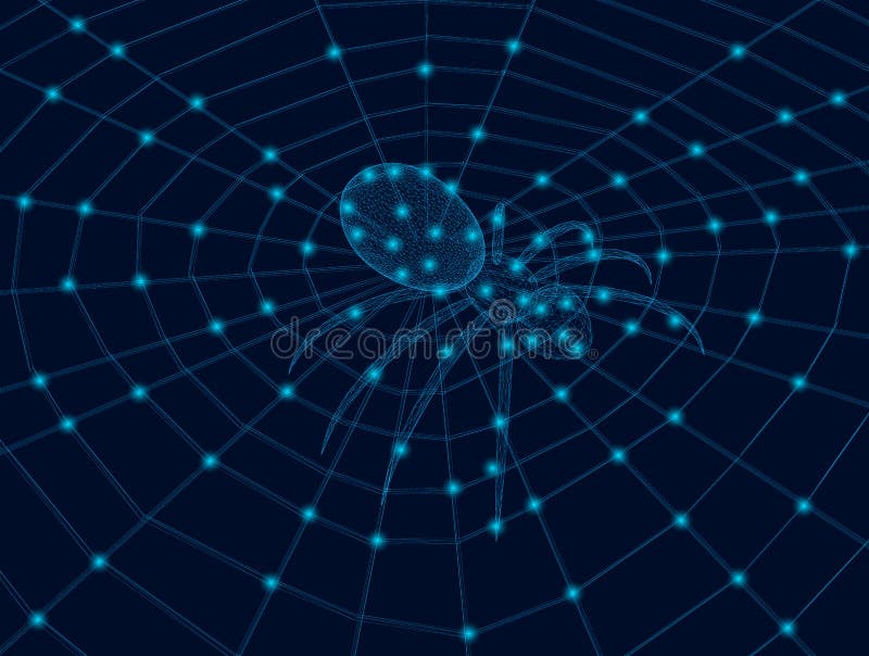 Wireframe of Spider and Cobwebs of Blue Lines on a Dark Background ...