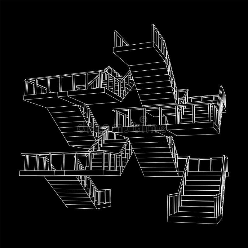 Wireframe Stairs, Interior Staircases Steps with Railing Stock Vector ...