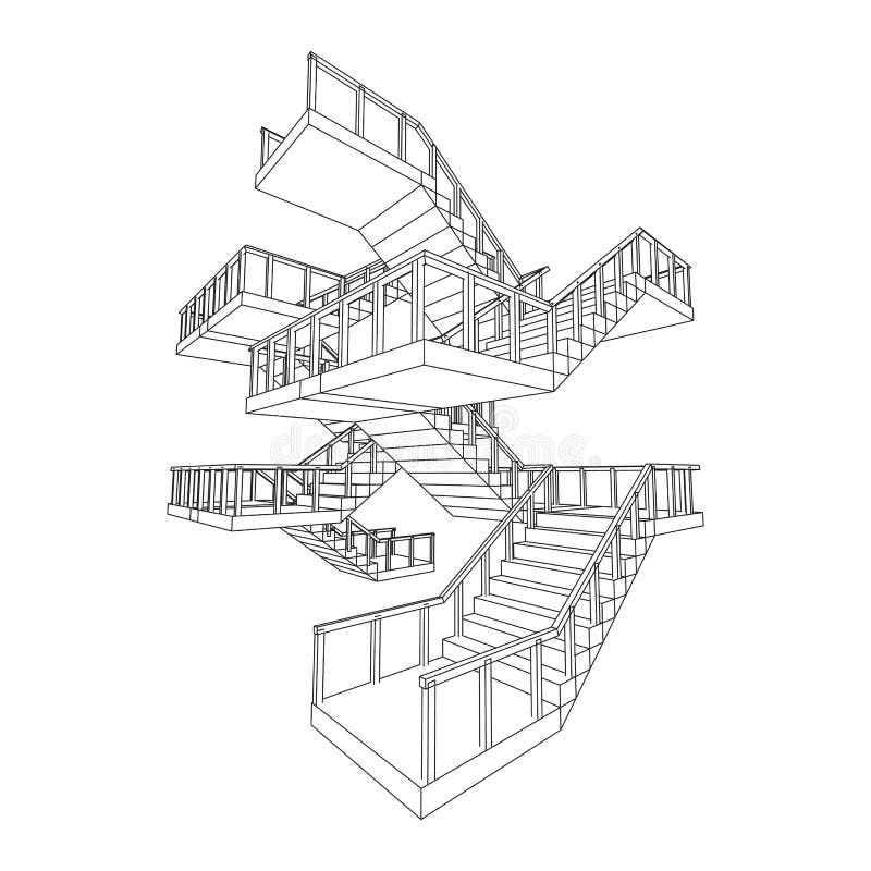 Wireframe Stairs, Interior Staircases Steps with Railing Stock Vector ...