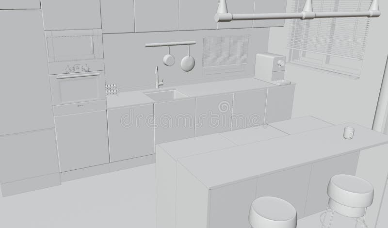 Wireframe Style Kitchen 3d Rendering Interior Scene Stock Illustration ...