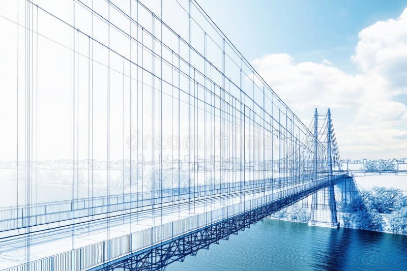 Wireframe of Suspension Bridge Spanning River in Urban Setting Stock ...
