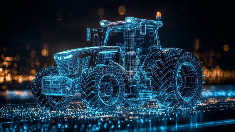 Wireframe Tractor with Glowing Lights Highlighted on a Dark Background ...