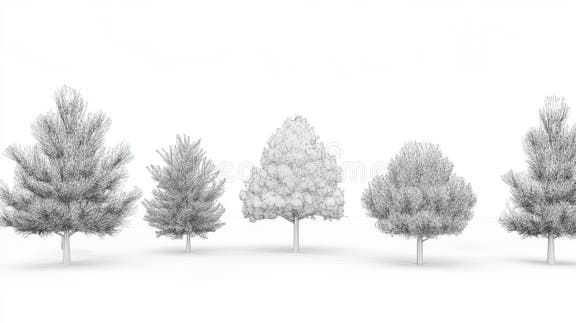 Wireframe Trees Growth Stages, White Background, 3D Render, Landscape ...