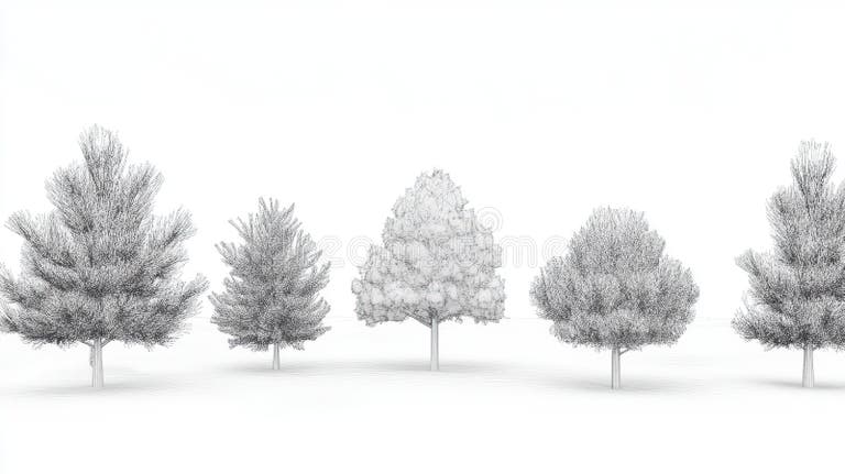 Wireframe Trees Growth Stages, White Background, 3D Render, Landscape ...