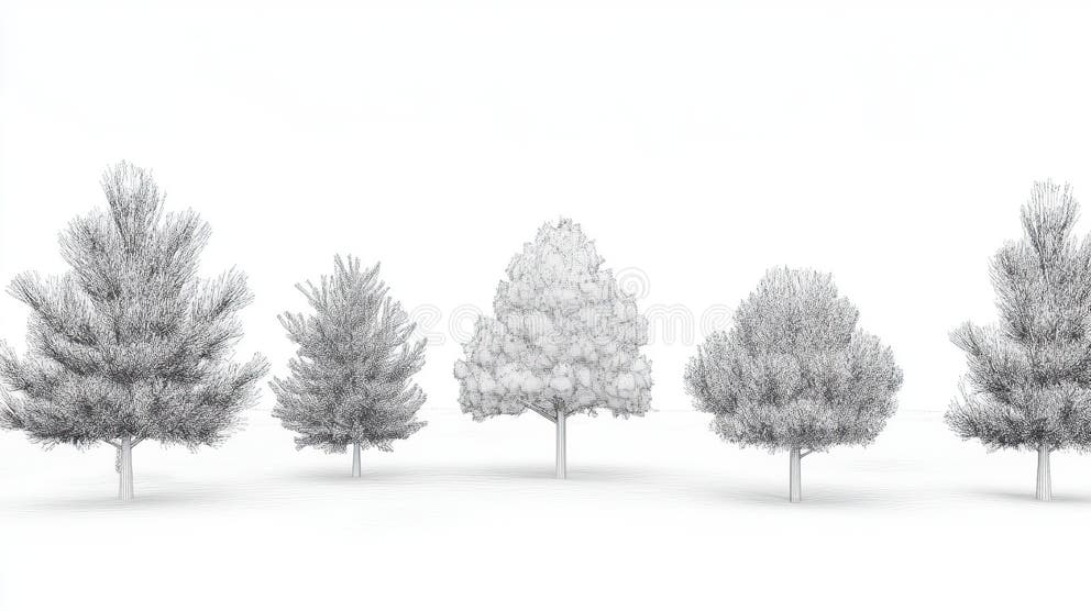 Wireframe Trees Growth Stages, White Background, 3D Render, Landscape ...