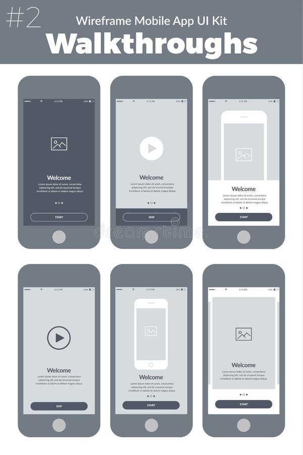 Wireframe UI Kit for Mobile Phone. Mobile App Walkthroughs Screens ...