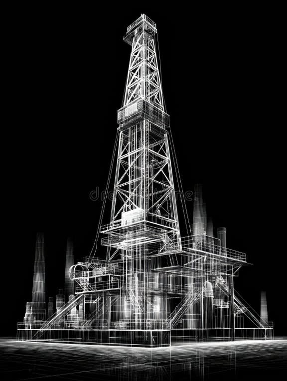 3D Wireframe Model of an Oil Rig Displayed on a Dark Backdrop ...