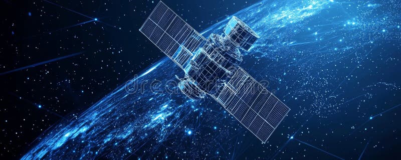 Wireframe Weather Satellite Orbiting Earth in Outer Space Illustration ...