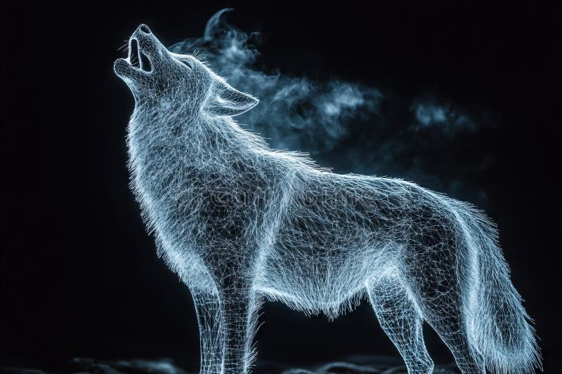 A Wireframe Wolf Howls at the Moon in a Digital Art Piece. Stock Image ...