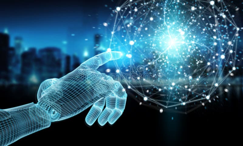 Wireframed Blue Robot Hand Touching Digital Sphere Network 3D Rendering ... Wireframed Blue Robot Hand Touching Digital Sphere Network 3D Rendering ...