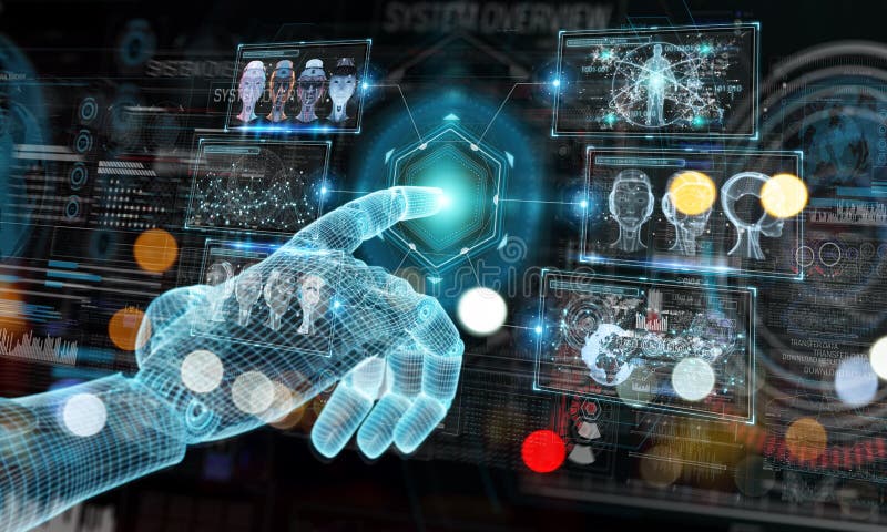 Wireframed Blue Robot Hand Touching Graph Interface on Dark Background ...