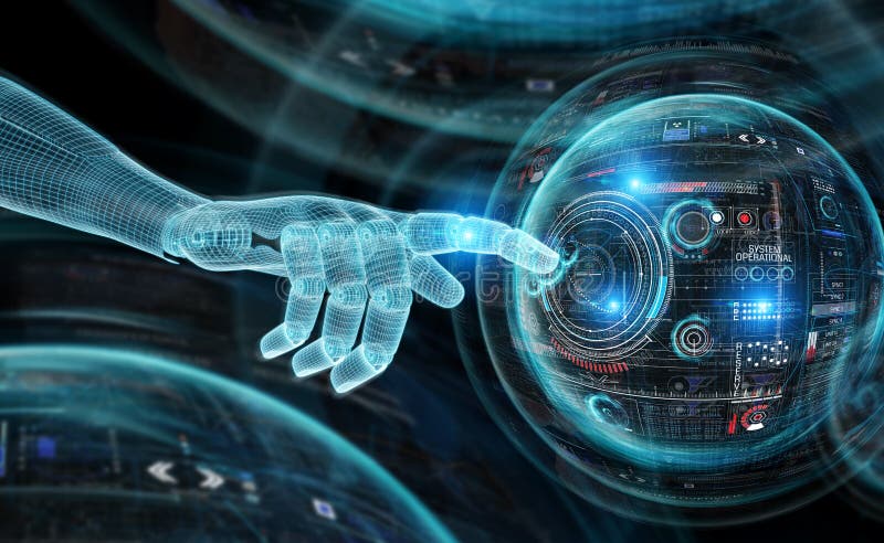 Wireframed Blue Robot Hand Touching Graph Interface On Dark Background ...