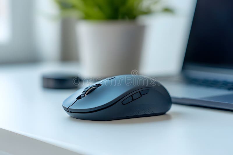 Wireless Black Computer Mouse on Laptop Keyboard, Modern Office Setup ...