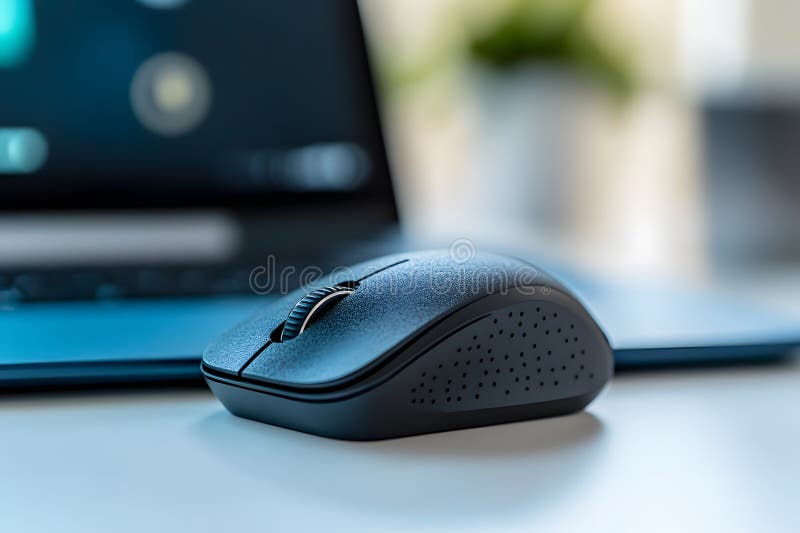 Wireless Black Computer Mouse on Laptop Keyboard, Modern Office Setup ...