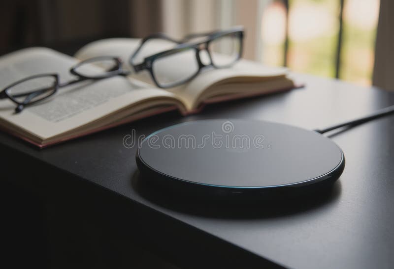 Wireless Charger on a Desk beside Glasses and an Open Book Stock Image ...