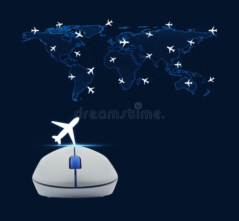 Wireless Computer Mouse with Plane Icon and World Map with Flight ...