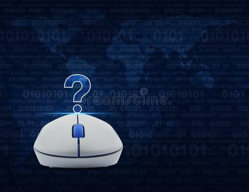 Wireless Computer Mouse with Question Mark Sign Icon Over Computer Binary Code on Blue ...
