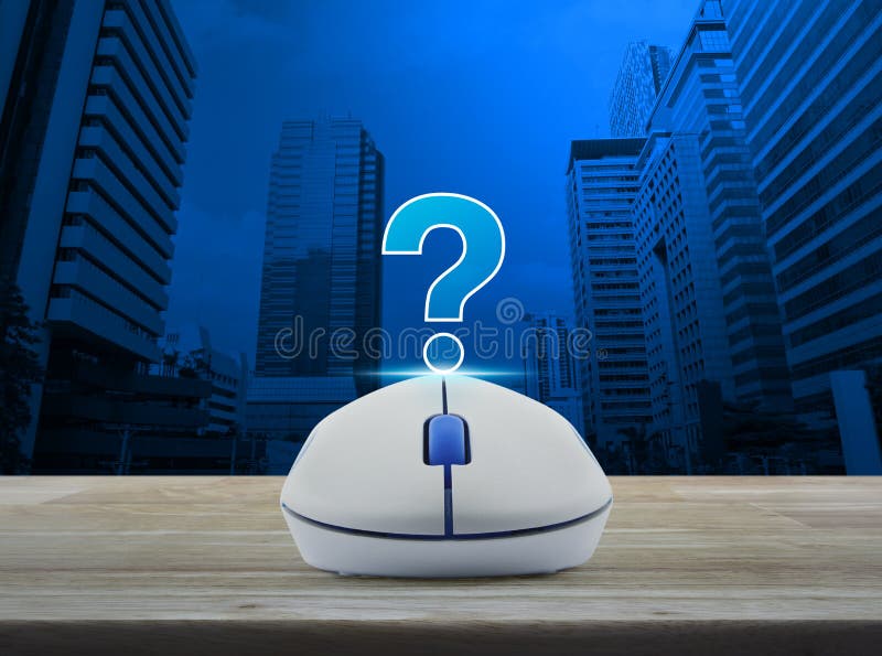 Wireless Computer Mouse with Question Mark Sign Icon on Wooden T Stock ...