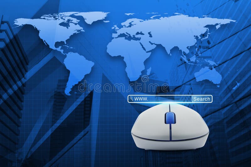 Wireless Computer Mouse with Search Www Button Over Map and City Stock ...