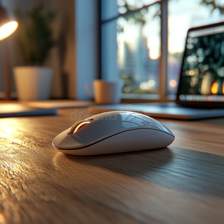 Wireless Computer Mouse on a Sunlit Wooden Desk in Office Setting ...