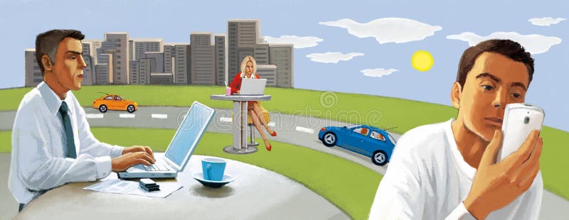 Wireless Connection. People Work Remotely Outside the Office Stock ...