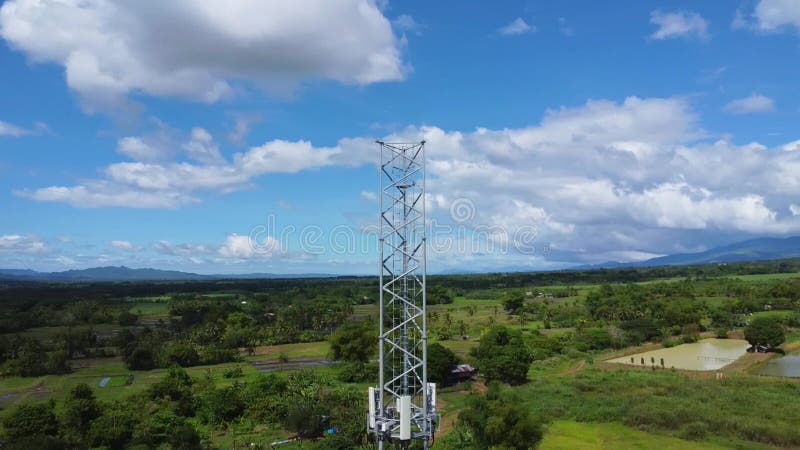 Wireless Data Station Aerial View. Cell Tower. Flying Around a Data ...