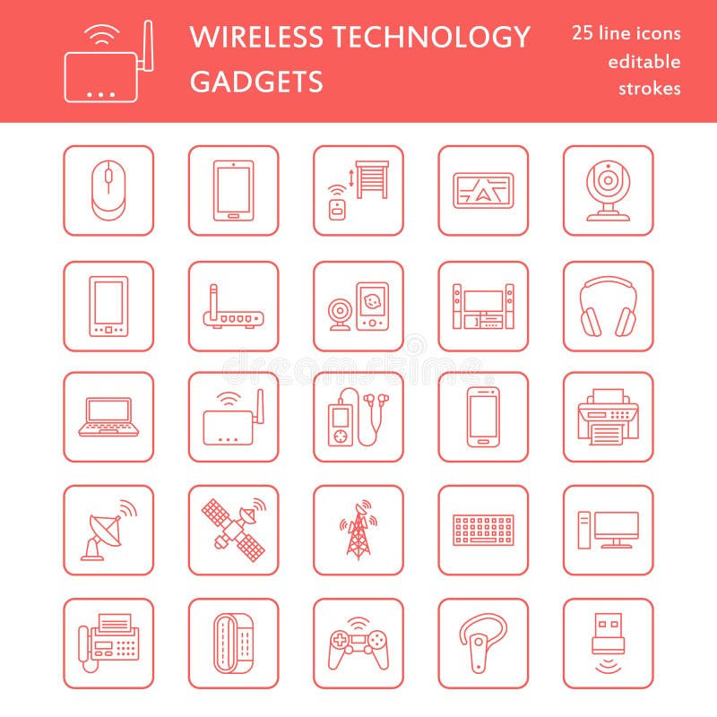 Wireless Devices Flat Line Icons. Wifi Internet Connection Technology ...
